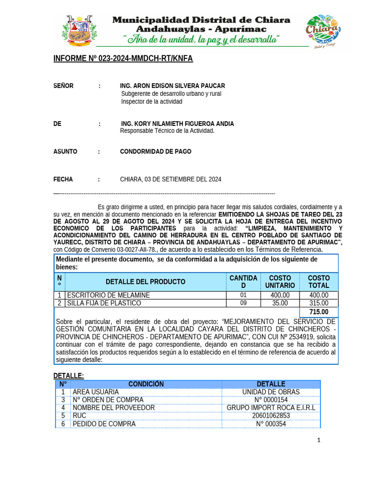 INFORME 023 CONFORMIDAD DE PAGO | PDF