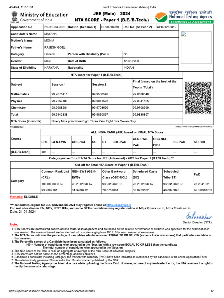 JEE Mains Final Result | PDF | Vocational Education | Tests