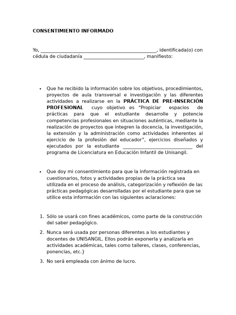 Consentimiento Informado Pre-Inserción Profesional | PDF