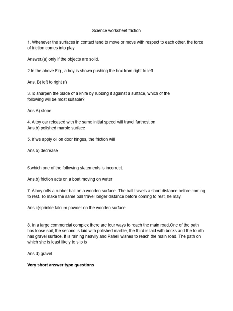 Science Worksheet Friction | PDF | Friction | Force