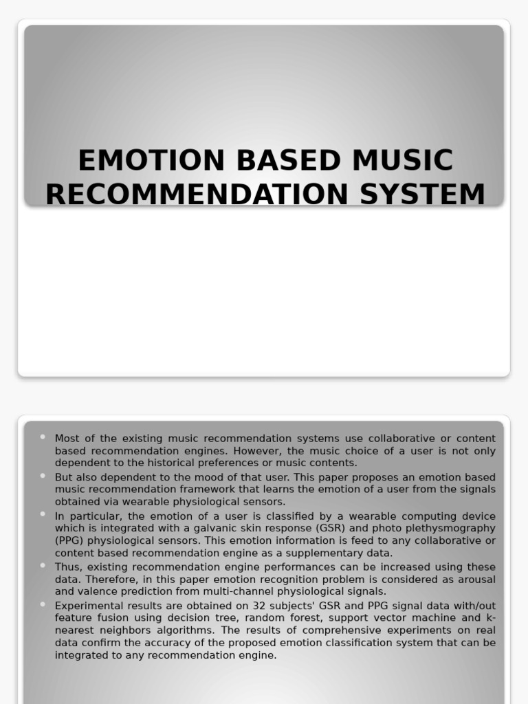 Emotion Based Music Recommendation System - PPT3 | PDF | Emotions ...