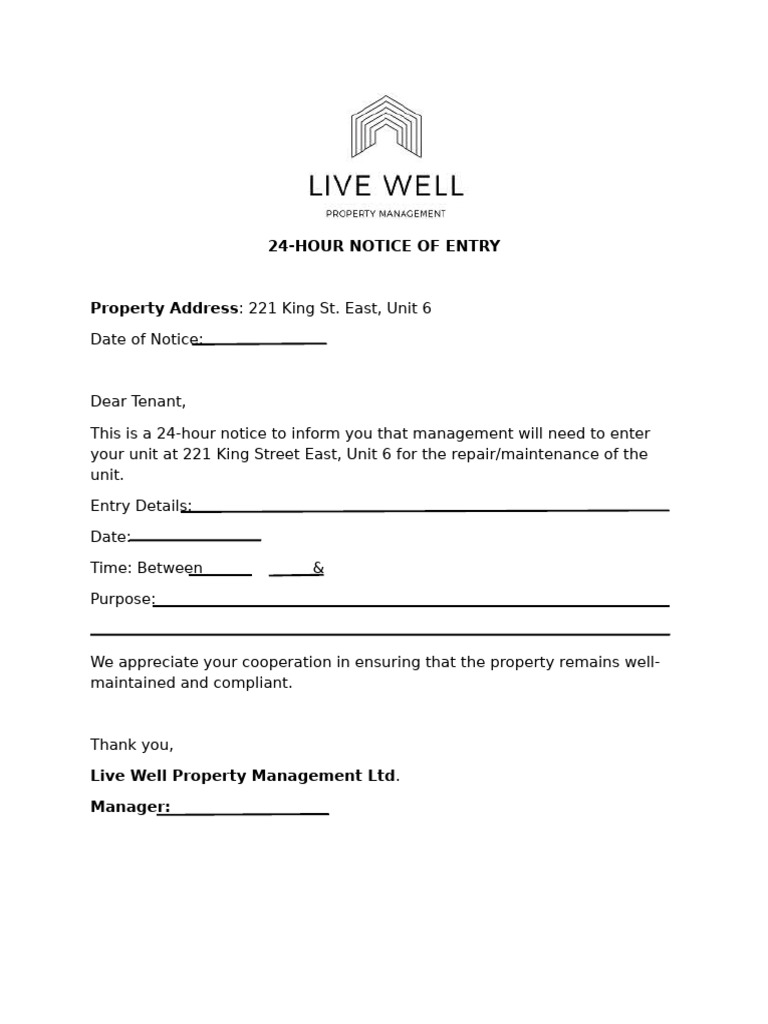 24-Hour Notice of Entry for Repairs | PDF