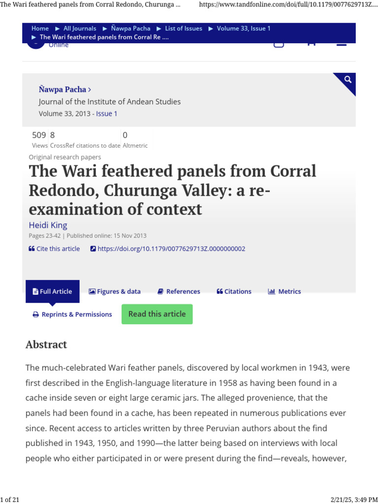 The Wari Feathered Panels From Corral Redondo, Churunga Valley - A Re-Examination of Context ...