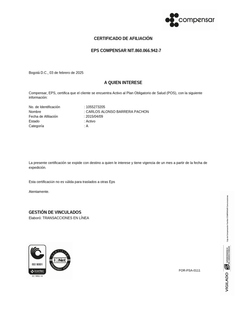 Certificado Compensar Oswaldo David Salcedo Tellez | PDF