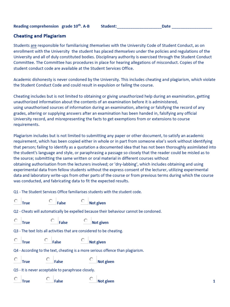 Reading Comprehension Cheating and Plagiarism 10th AB 2025 | PDF ...