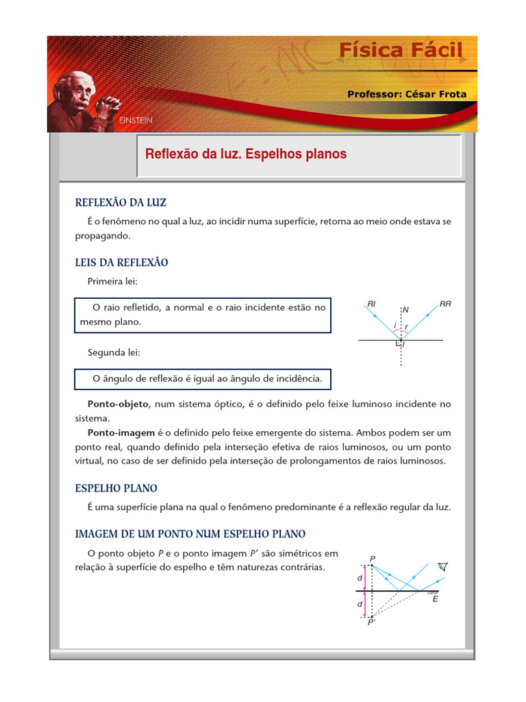 11 - Reflexao Da Luz - Espelhos Planos | PDF | Reflexão (Física) | Espelho