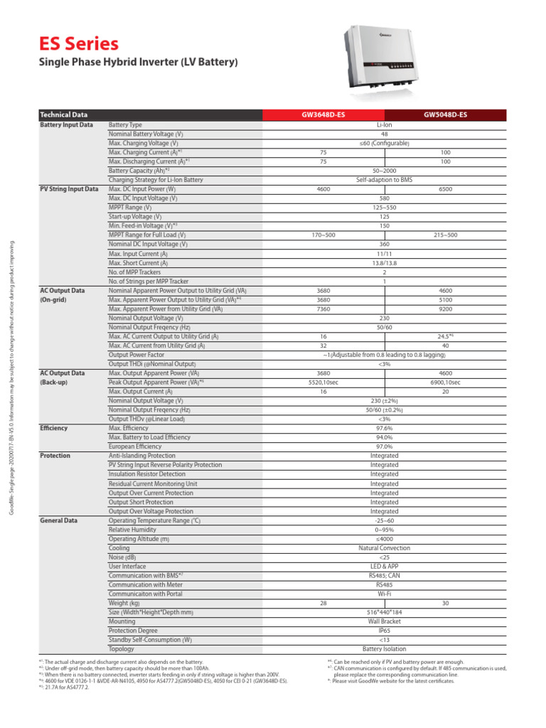 GoodWe 5kW Hybrid Inverter Specs | PDF | Power Engineering | Electrical ...