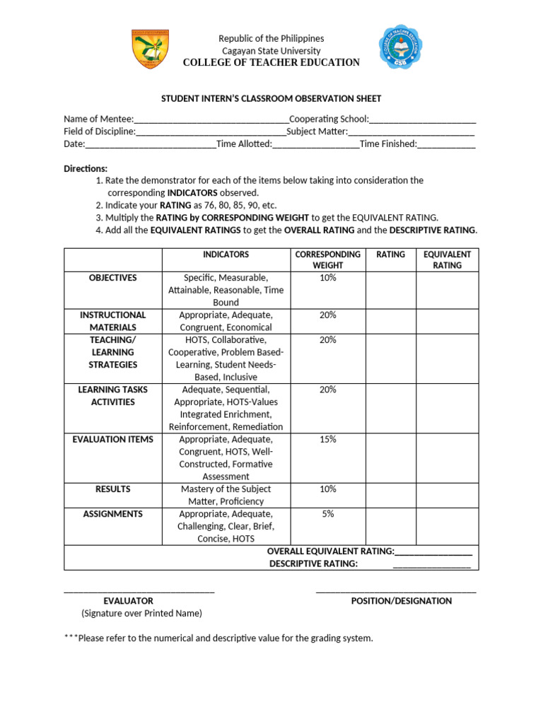 INTERNS-OBSERVATION-SHEET (1) | PDF | Teacher Education | Learning