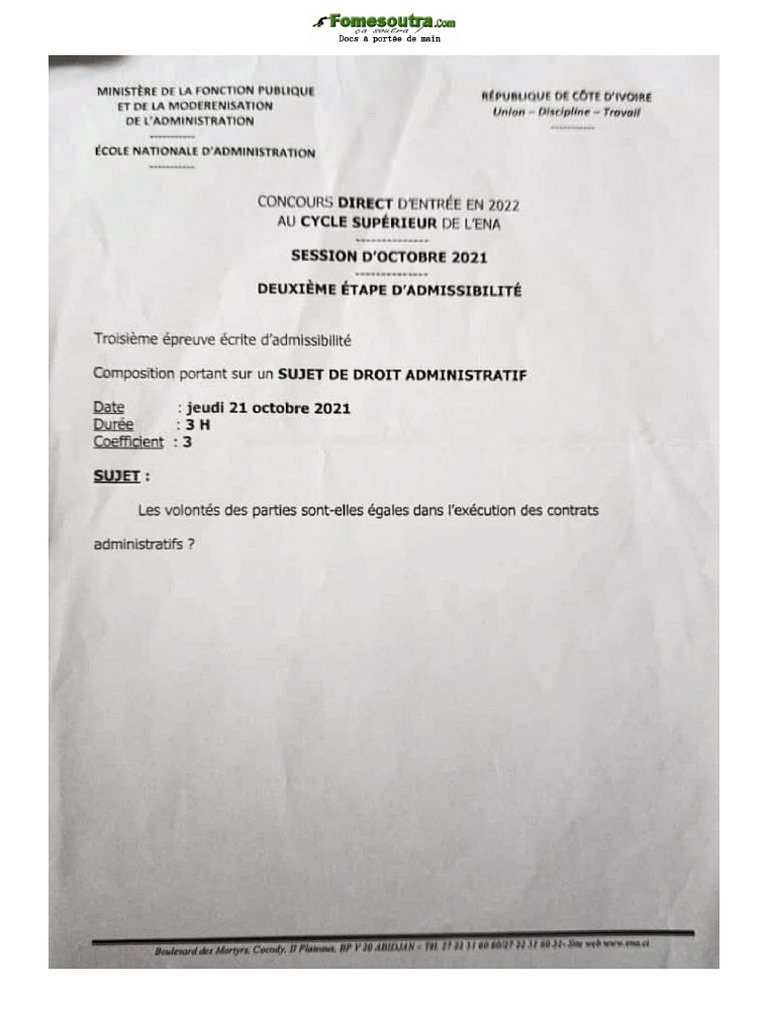 Sujet Du Concours de l'ENA Cycle Supérieur Droit Administratif | PDF