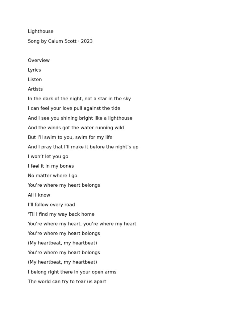 Calum Scott - Lighthouse Lyrics 2023 | PDF
