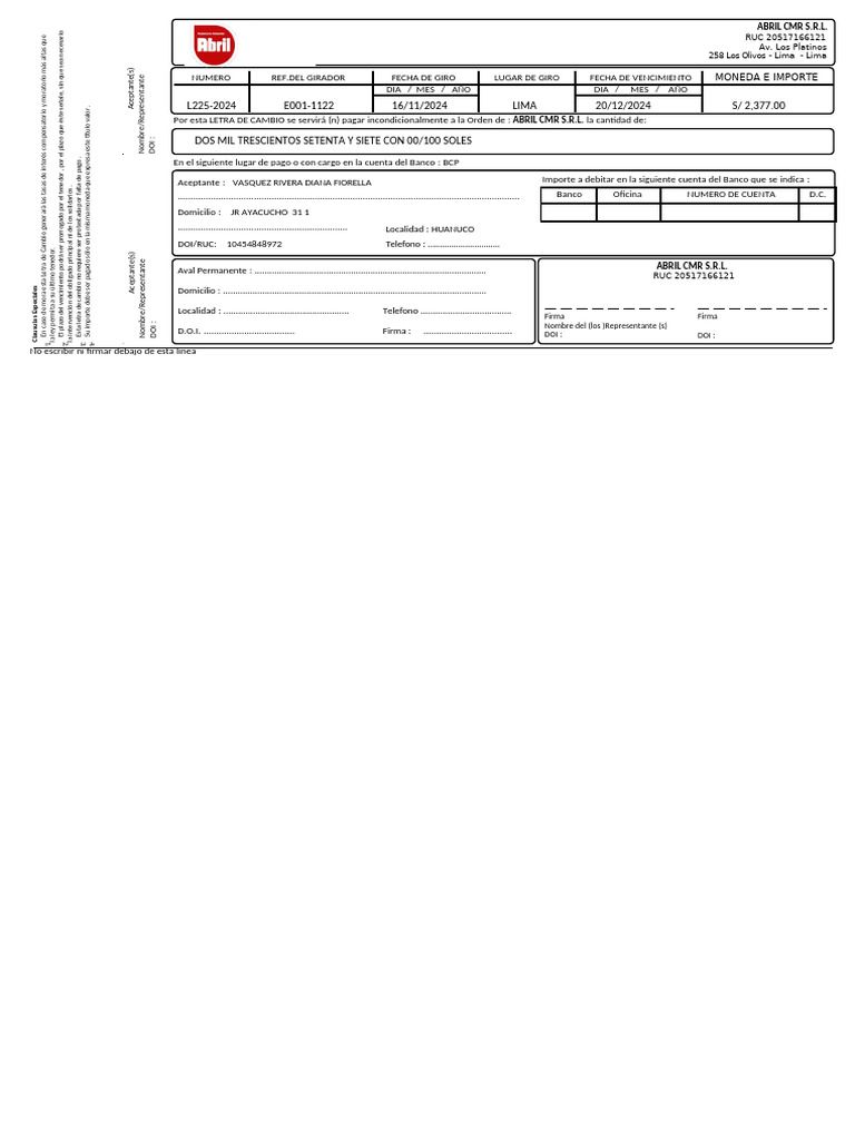 Letra en Blanco Abril CMR | PDF | Pagaré | Interés