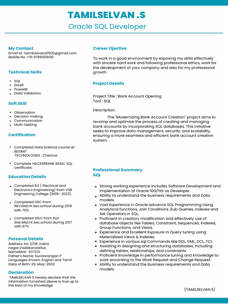 SQL Resume - Tamilselvan Fresher.pdf (1) | PDF | Sql | Databases