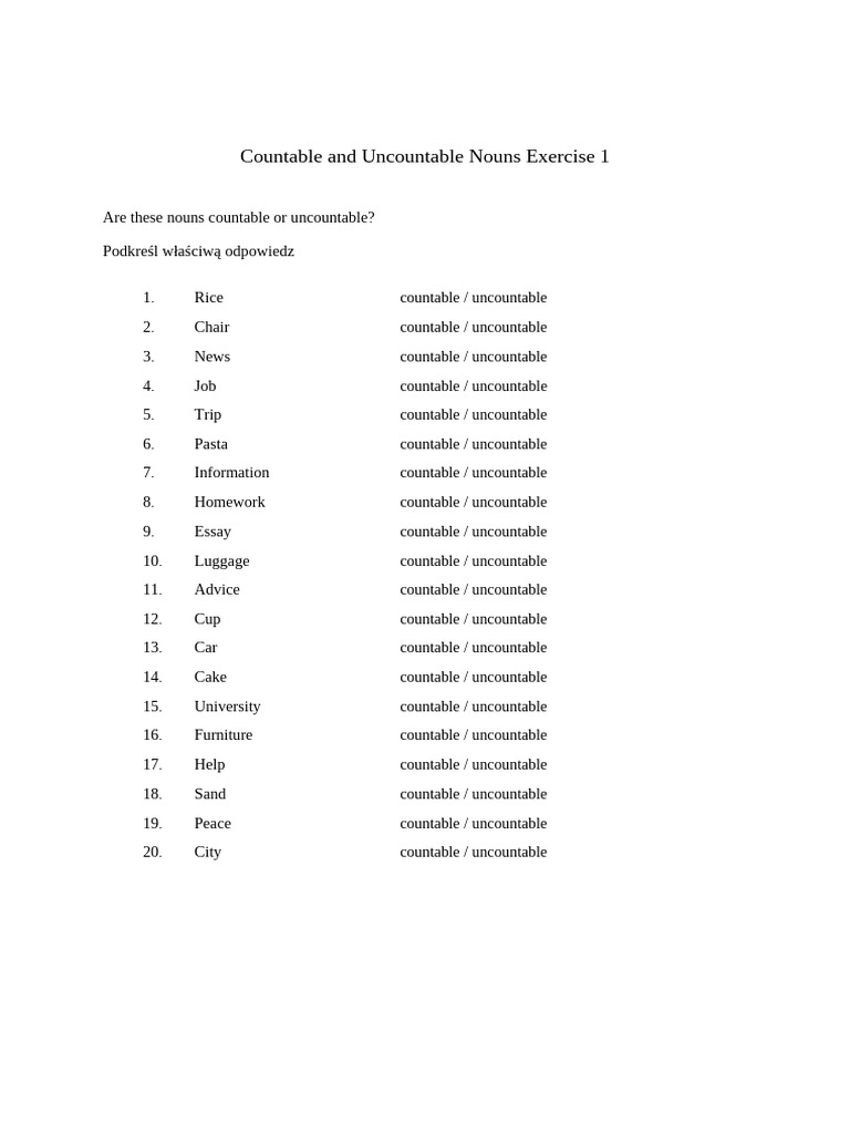 Countable and Uncountable Nouns Exercise 1 | PDF