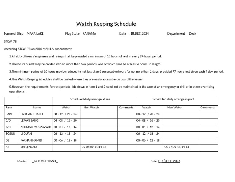 Deck Watchkeeping Schedule 2024 | PDF