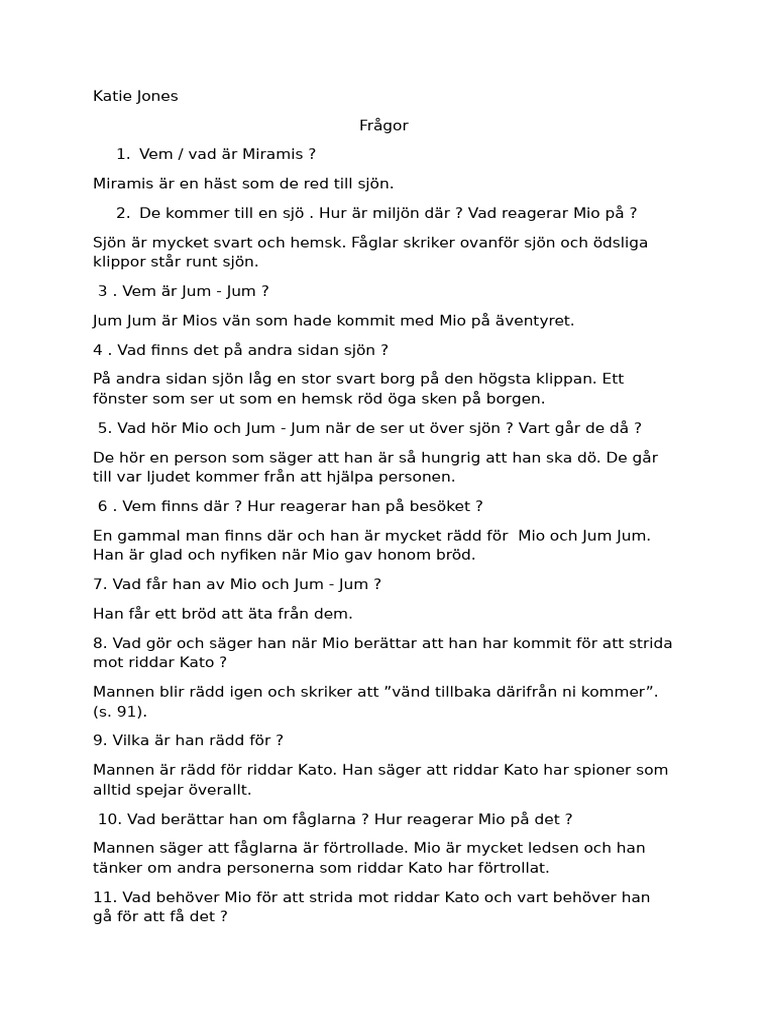Frågor Mio Min Mio Mot Riddar Katos Borg | PDF