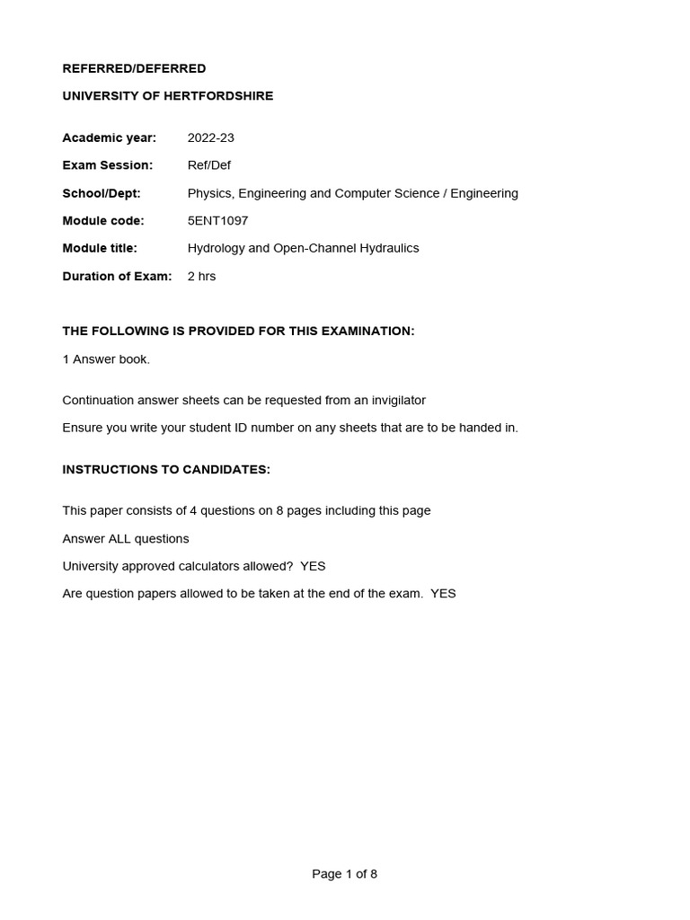 Hydrology 2023 Ref-Def Exam | PDF | Chemical Engineering | Earth Sciences