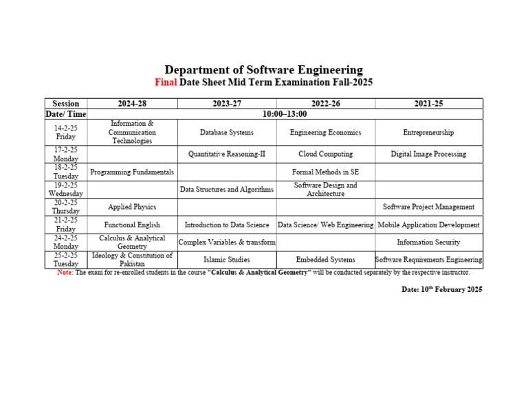 Midterm Exam Schedule Fall 2025 | PDF