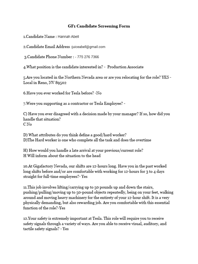 Tesla Production Associate Screening Form | PDF