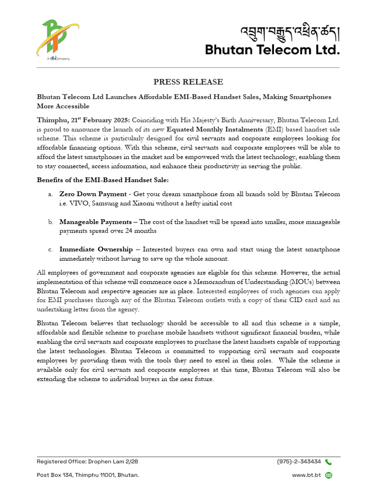 Bhutan Telecom's EMI Handset Scheme | PDF | Smartphone
