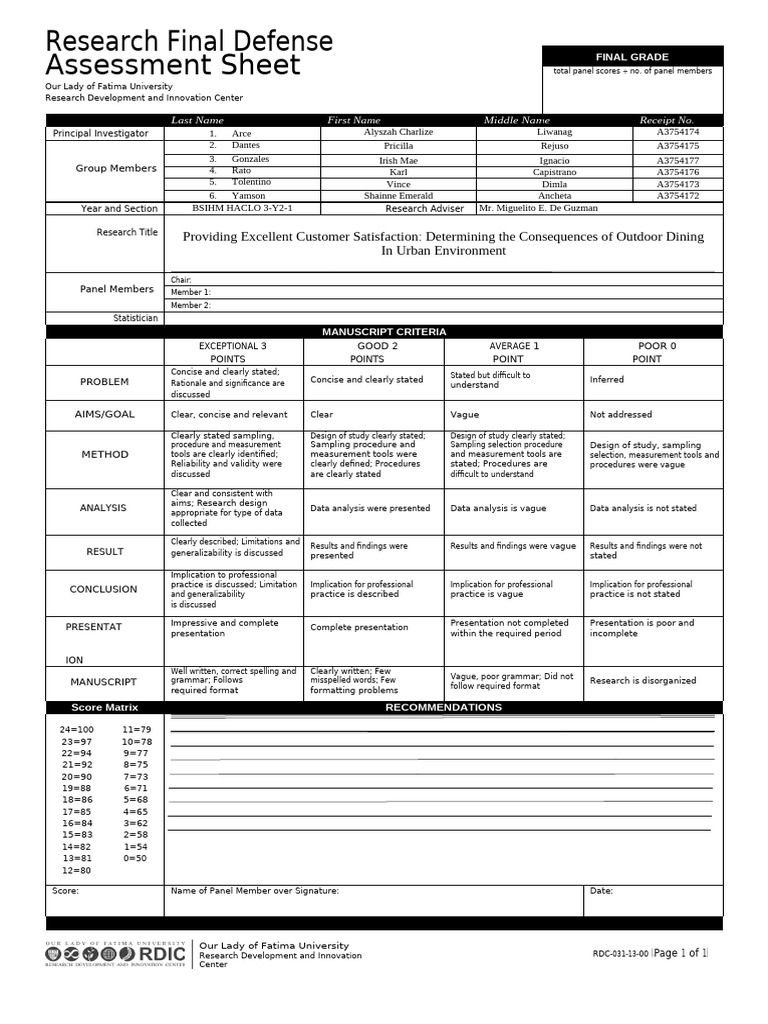 Final Defense Assessment Form Editable 1 | PDF | Science | Scientific Method