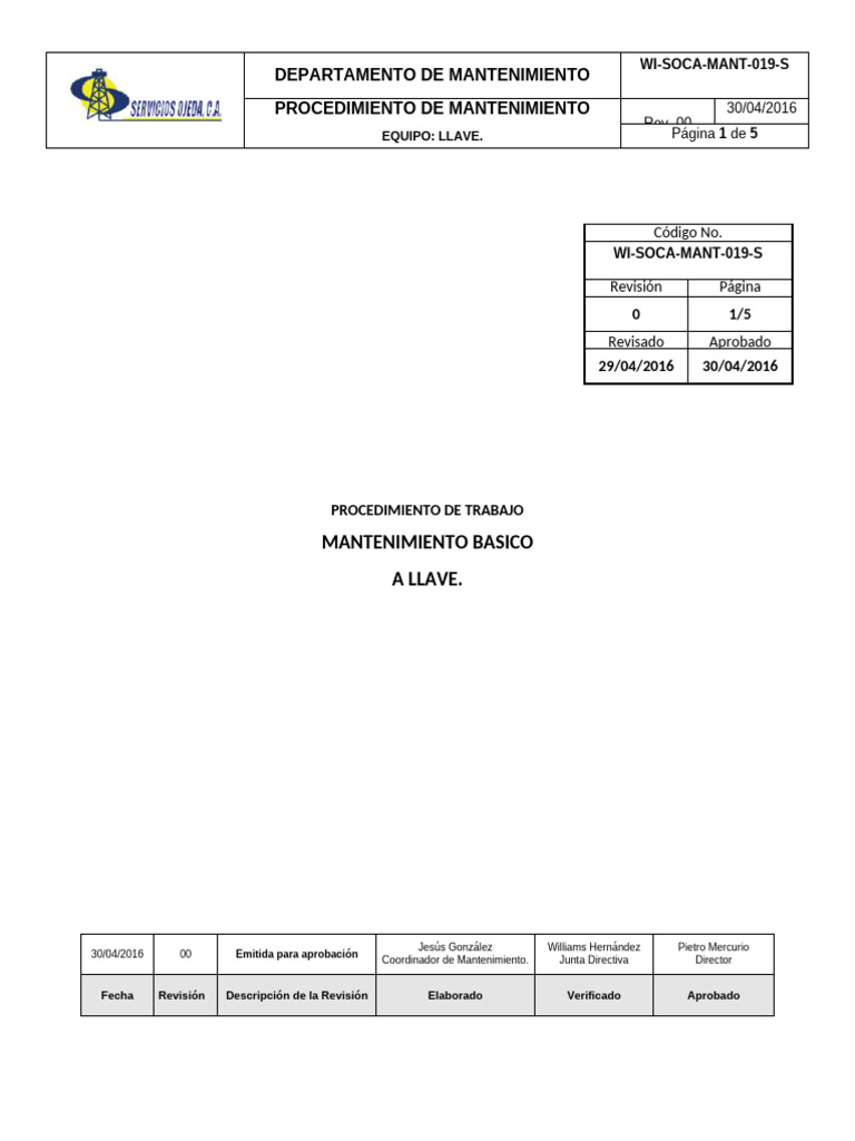 WI-SOCA-MANT-019-S Mantto. Básico a Llave Rev 00 30042016 | PDF
