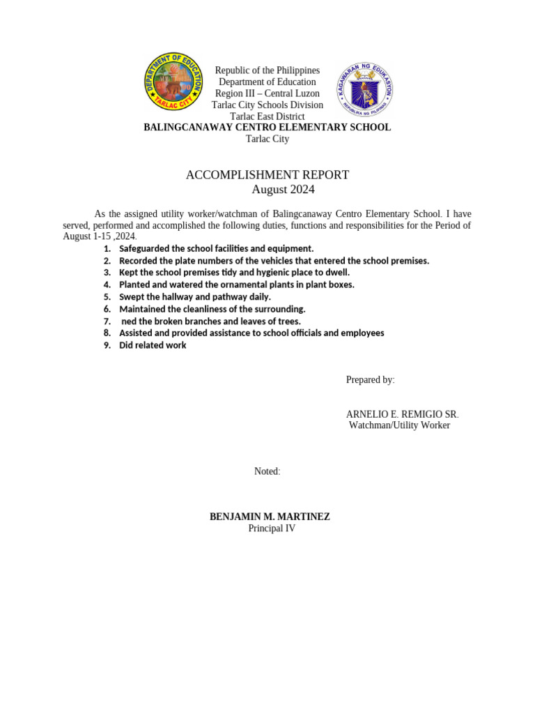 JO mooe ACCOMPLISHMENT REPORT WATCHMAN UTILITY WORKER BALINGCANAWAY CENTRO JUNE 2024 | PDF