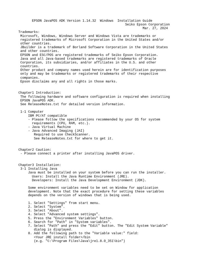 EPSON JavaPOS ADK Installation Guide For Windows | PDF | Java (Programming Language) | Java ...