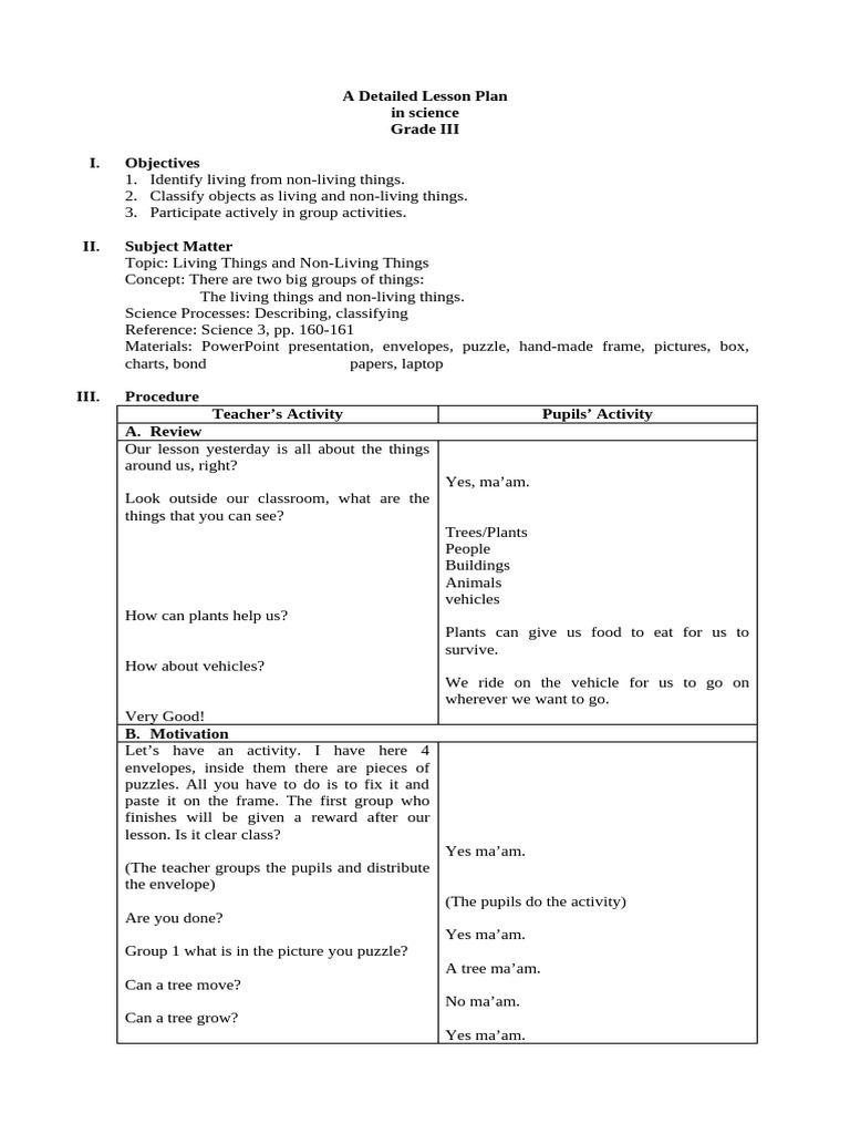 Grade III Science Lesson Plan: Living vs Non-Living | PDF | Learning
