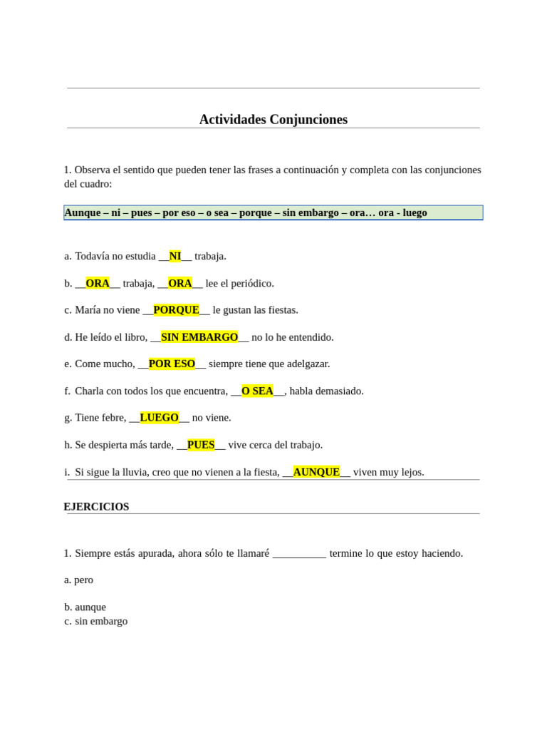 Ejercicios de Conjunciones en Español | PDF
