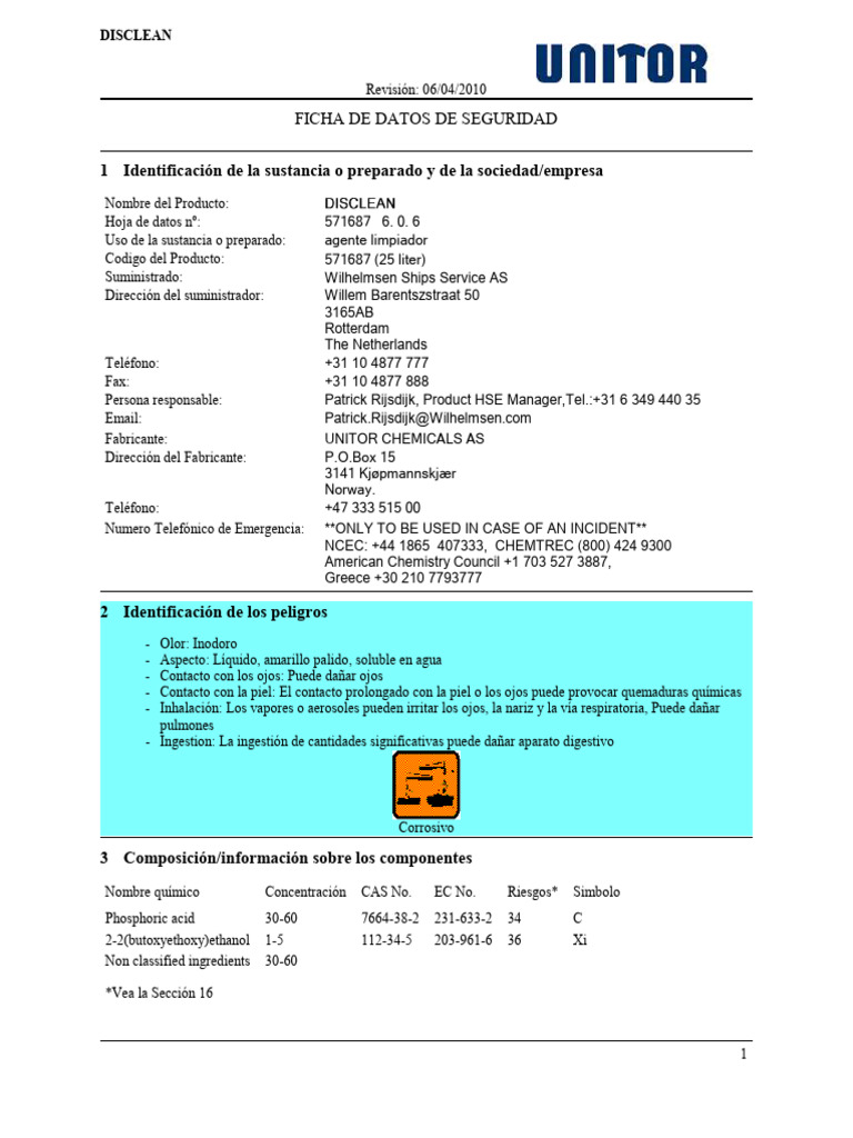 Ficha de Seguridad del Limpiador DISCLEAN | PDF | Agua | Corrosión