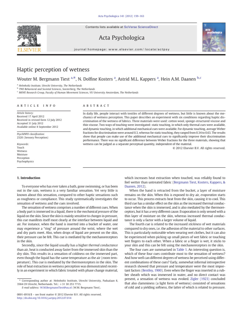 Haptic Perception of Wetness | PDF | Senses | Perception
