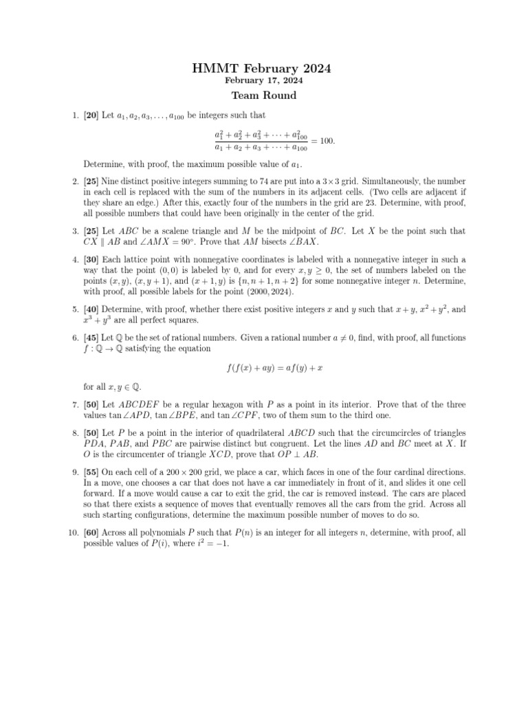 Hmmt February 2024 Team Round Problems | PDF | Mathematics | Euclidean Geometry