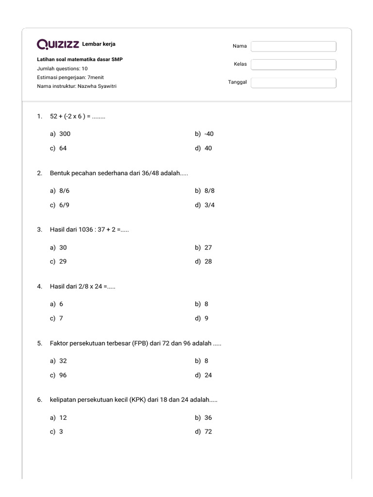 Latihan Soal Matematika Dasar SMP - Quizizz | PDF