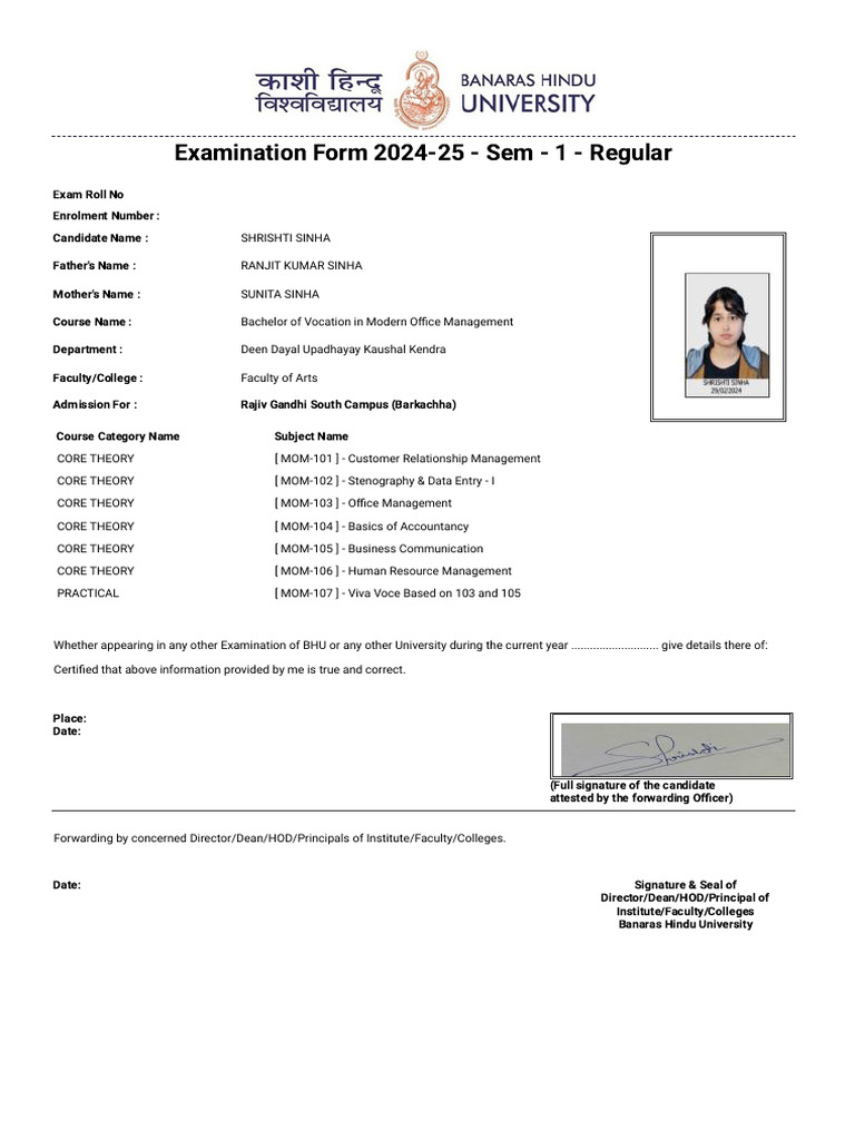 Examination Form BHU | PDF