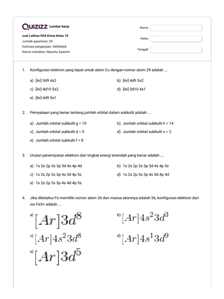Soal Latihan PAS Kimia Kelas 10 - Quizizz | PDF