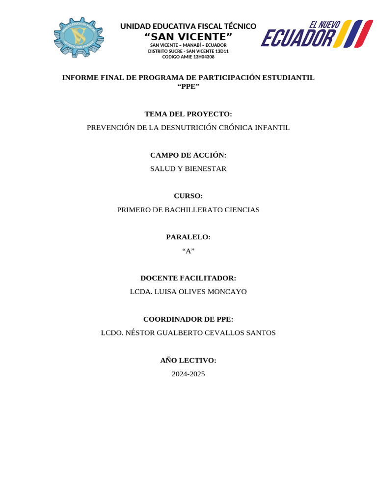 Informe de Proyecto Final Ppe Del Grupo 5 | PDF | Desnutrición | Nutrición