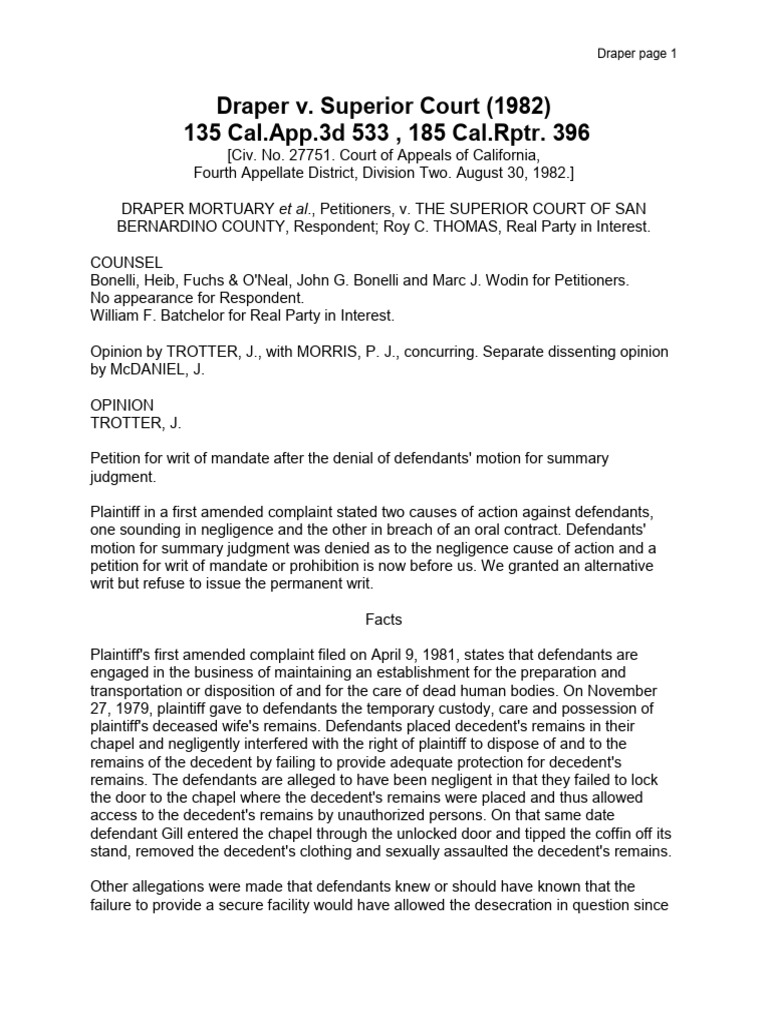 Draper v. Superior Court | PDF | Summary Judgment | Duty Of Care