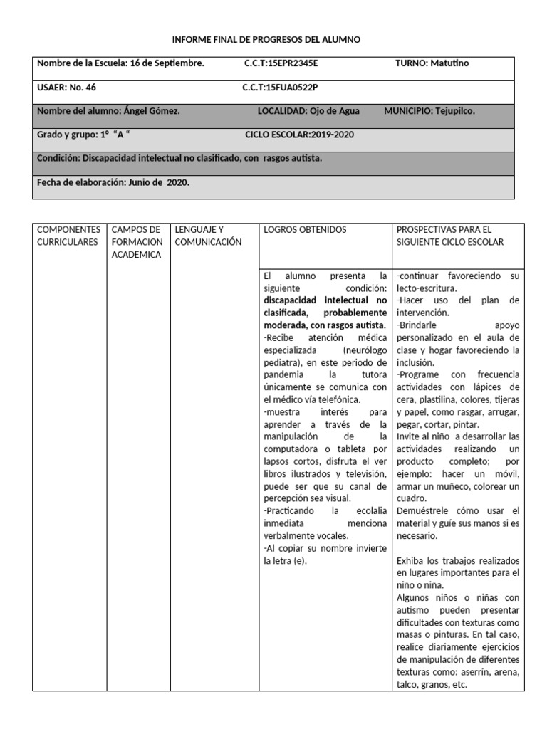 Angel Gomez Informe Final de Progresos Del Alumn1 | PDF | Autismo