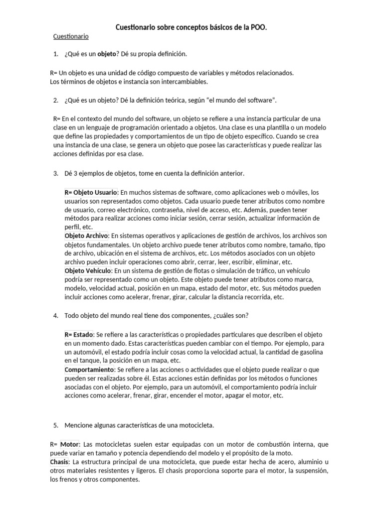 Cuestionario Conceptos Basicos POO | PDF | Objeto (informática) | Motocicleta