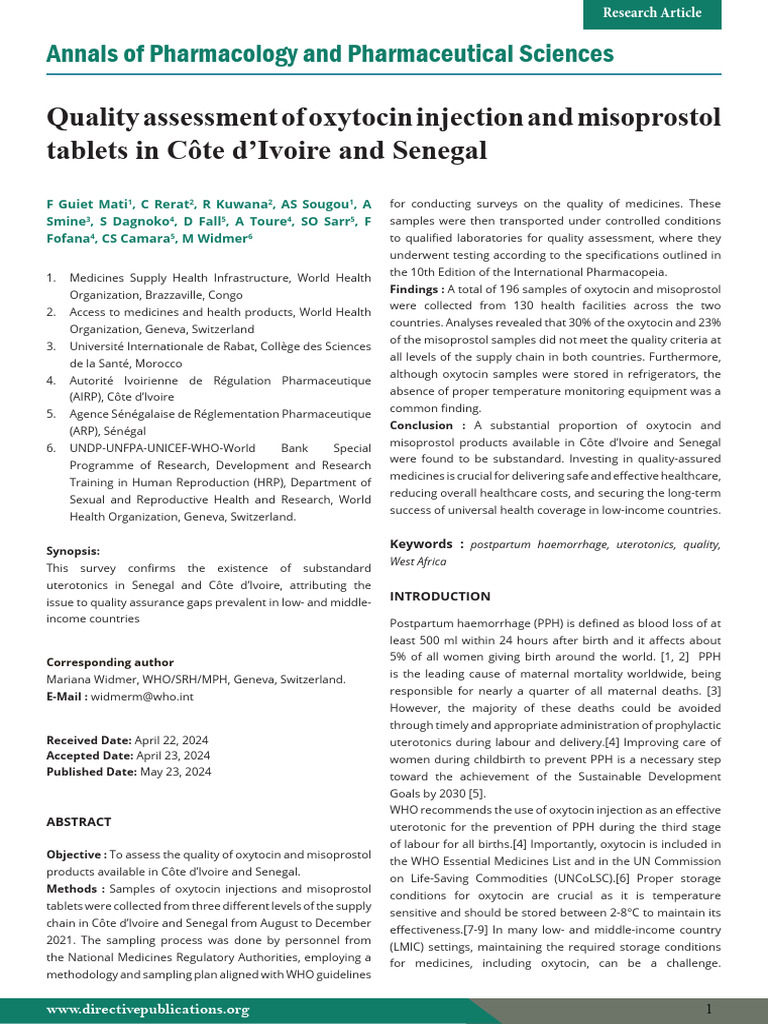 Quality Assessment of Oxytocin Injection and Misoprostol Tablets in ...
