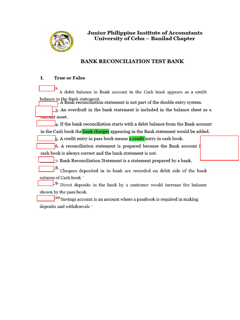 Bank Reconciliation Test Bank | PDF | Banks | Deposit Account