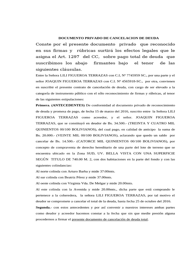 Cancelacion de Deuda | PDF | Pagos | Responsabilidad (contabilidad ...