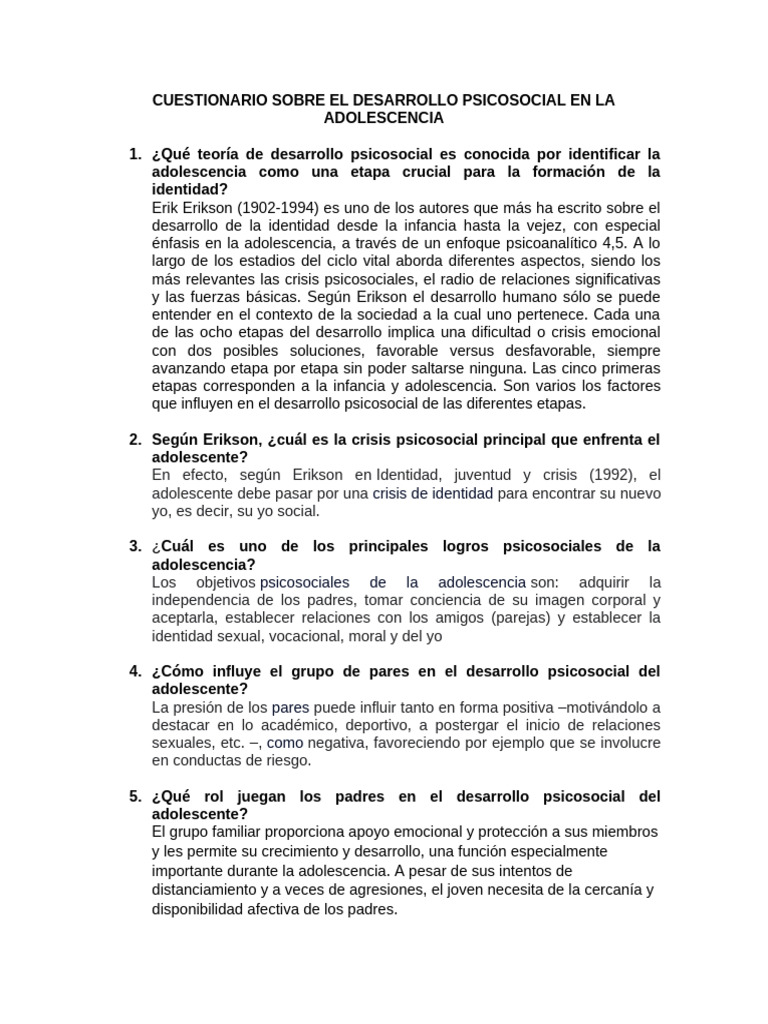 Cuestionario Sobre El Desarrollo Psicosocial En La Adolescencia | PDF | Adultos | Adolescencia