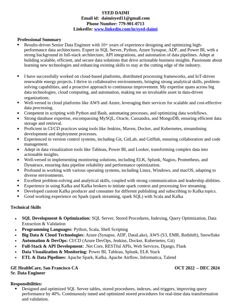 Syed Daimi Data Engineer 10 | PDF | Apache Spark | Databases