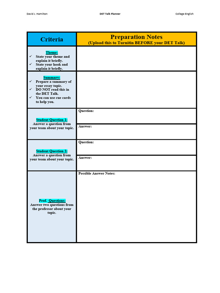 Det Talk Preparation Planner Homework) | PDF