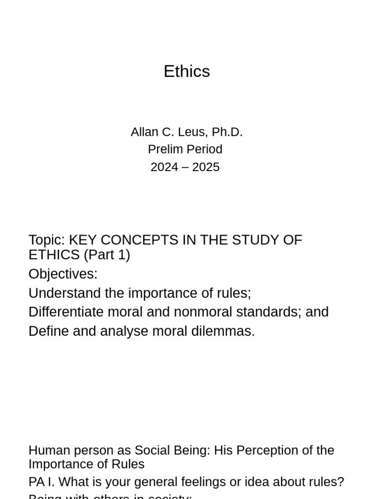 Ethics - Prelim 2 Key Concepts of Ethics Part 1 | PDF