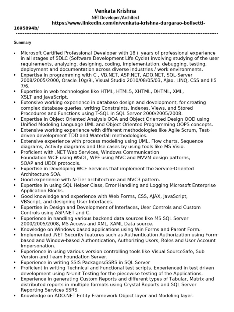 Venkata Krishna - .NET Architect | PDF | Microsoft Sql Server | World Wide Web