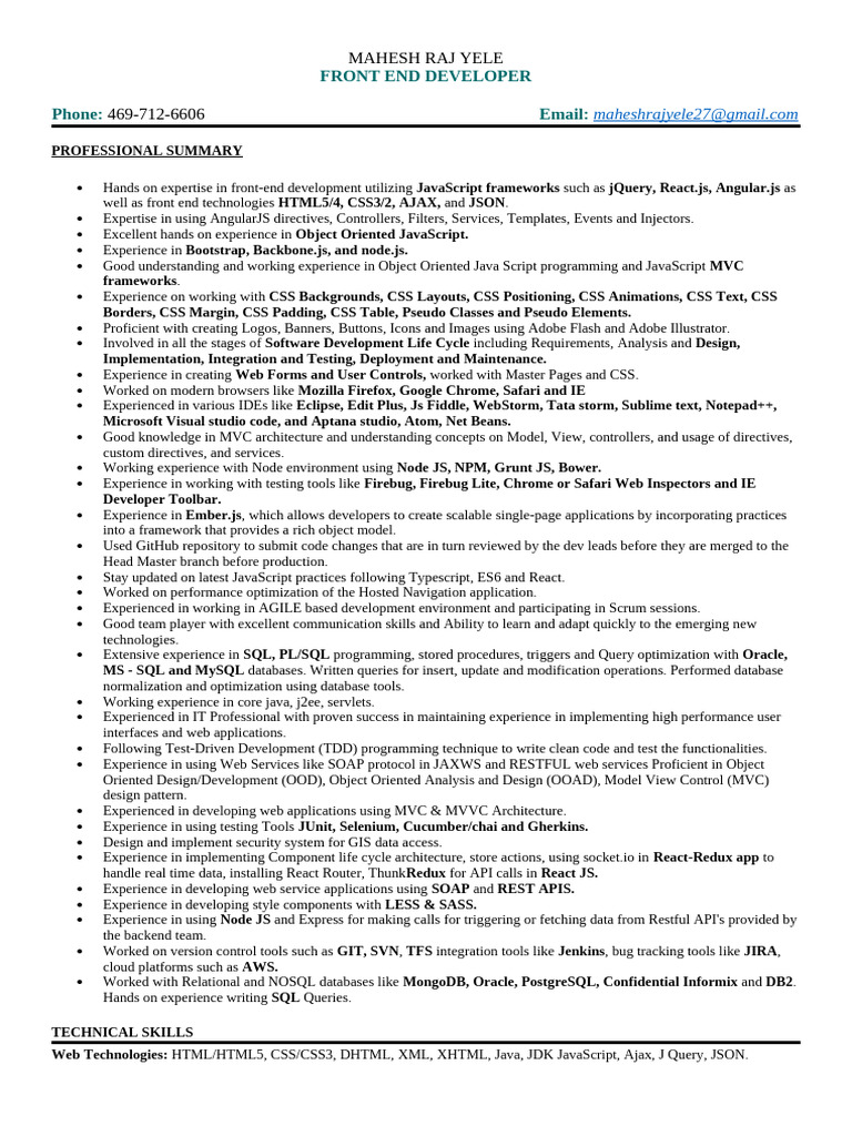 MAHESH RAJ YELE-Front End Developer | PDF | Angular Js | Java Script