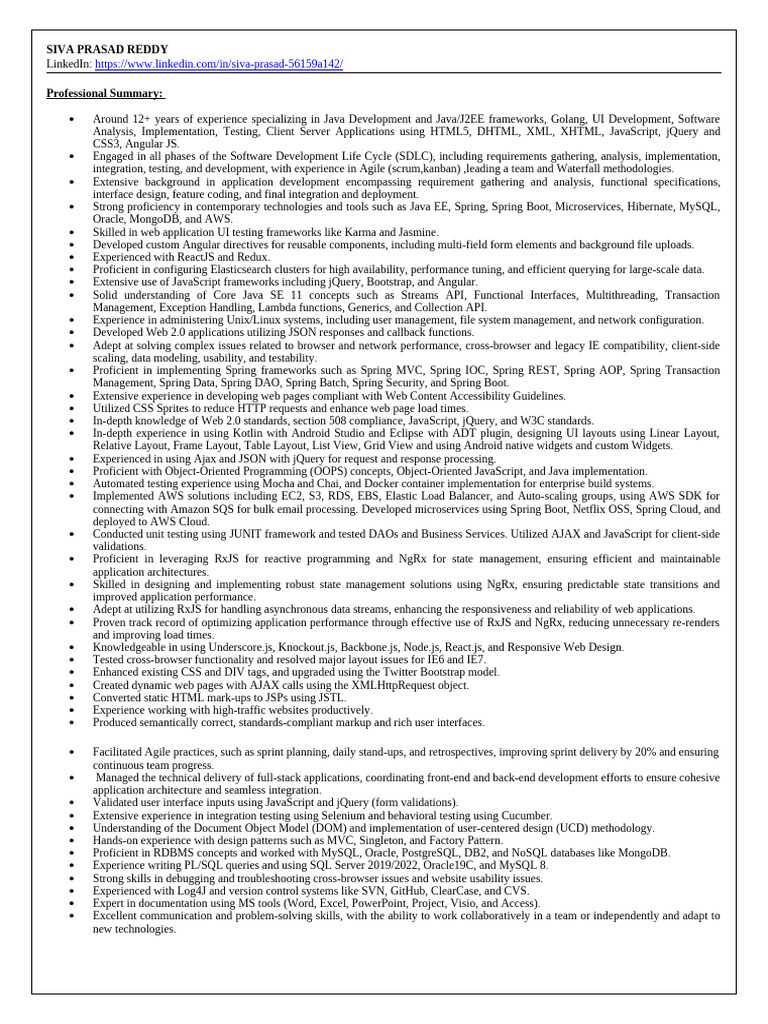 SivaPrasadReddyN JavaFullStack Resume Awsdev | PDF | Spring Framework ...