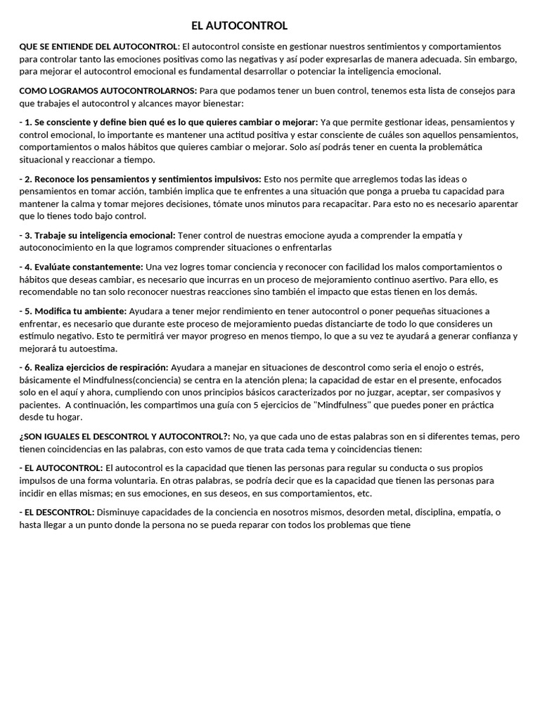 Guía para Mejorar el Autocontrol | PDF | Las emociones | Inteligencia ...